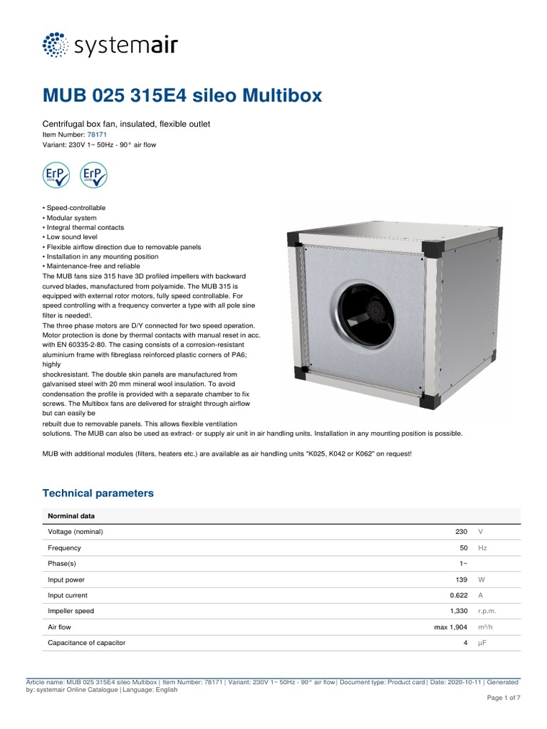 7.0 Systemair MUB 025 315E4 Sileo Multibox SF - 01 | PDF | Electric Motor | Capacitor
