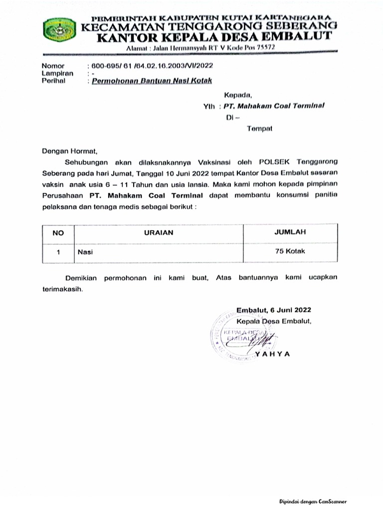 Permohonan Bantuan Nasi Kotak Desa Embalut | PDF Permohonan Bantuan Nasi Kotak Desa Embalut | PDF