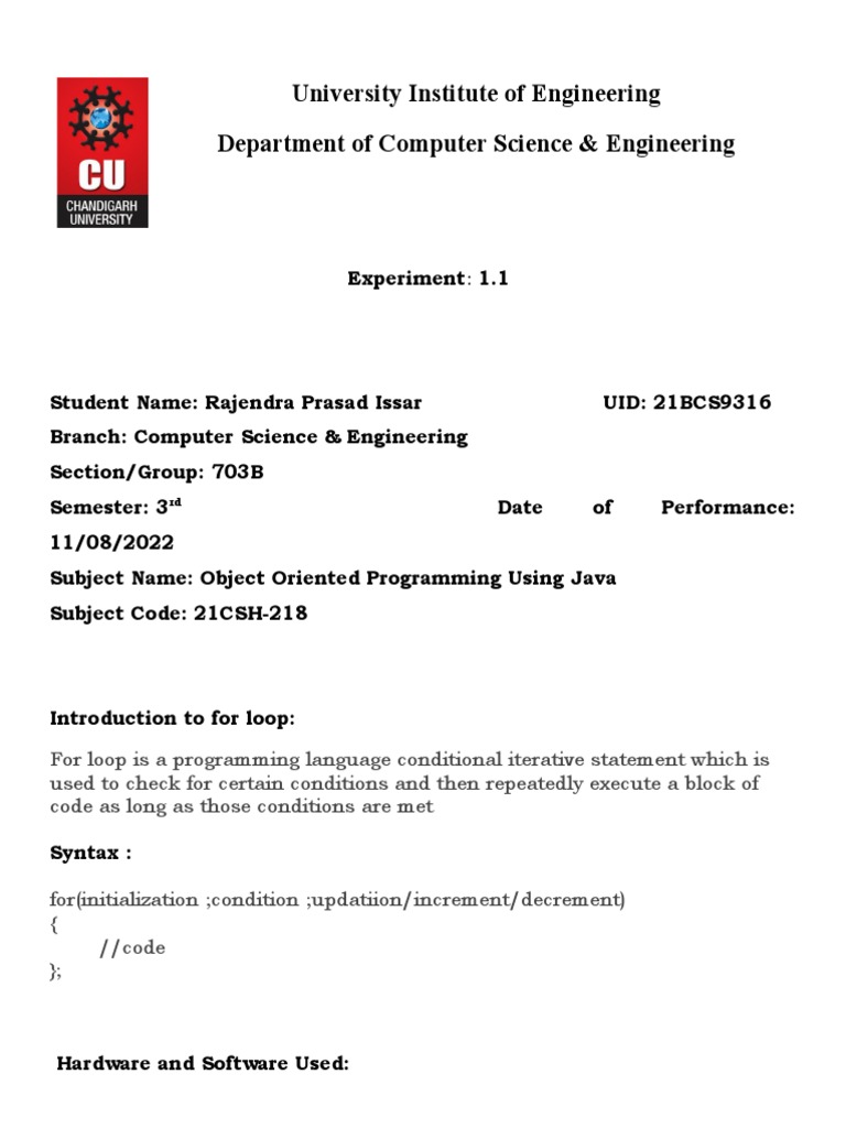 Experiment 11 Introduction To For For Each Nested Loops And Infinite Loops In Java Pdf