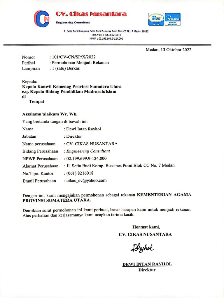 Surat Rekanan CIKAS | PDF