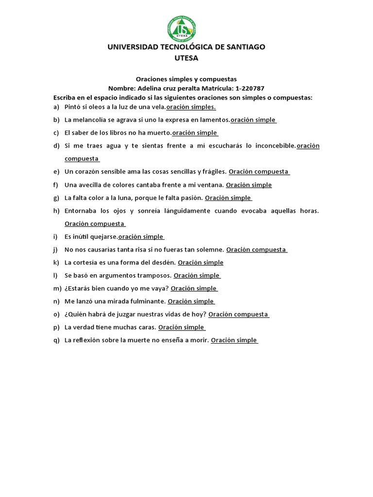 Hojas De Trabajo De Oraciones Simples Y Compuestas