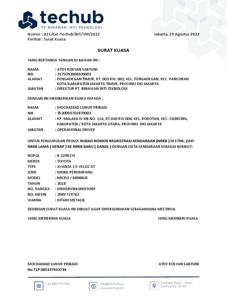 Surat Kuasa Pengurusan NRKB Kendaraan | PDF