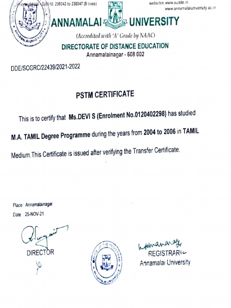 PSTM Certificate From Annamalai University | PDF