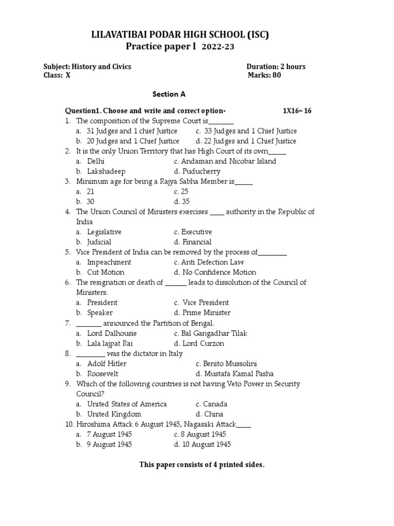 History Practice Paper 1 | PDF | Presidents Of The United States ...