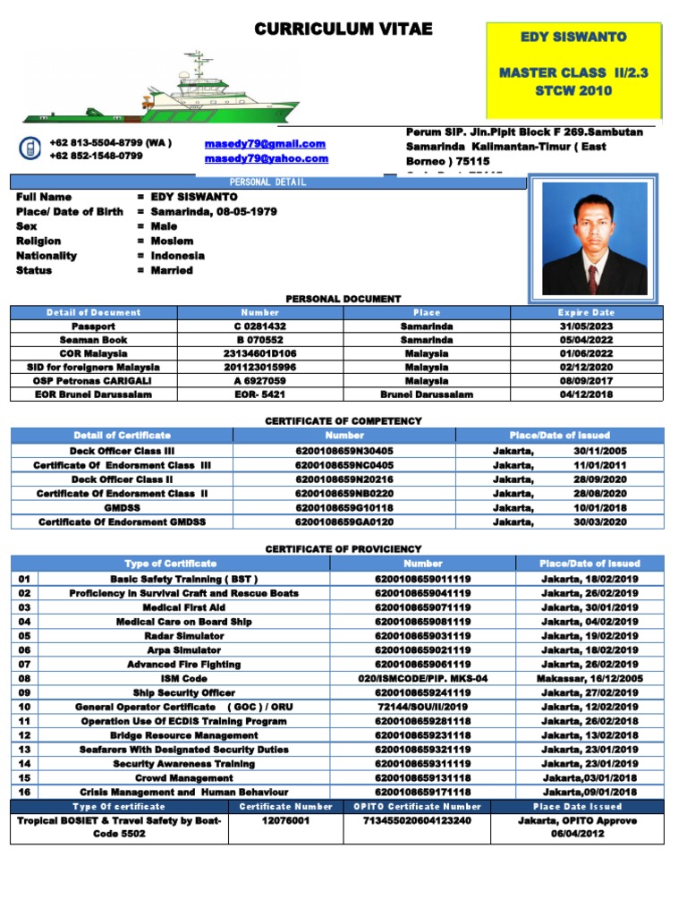 CV Edy Siswanto (Master Class LL) | PDF | Shipping | Water Transport