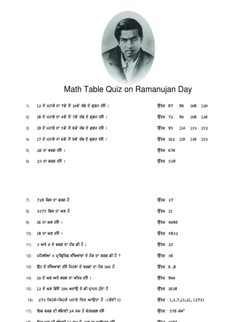 Math Table Quiz On Ramanujan Day | PDF