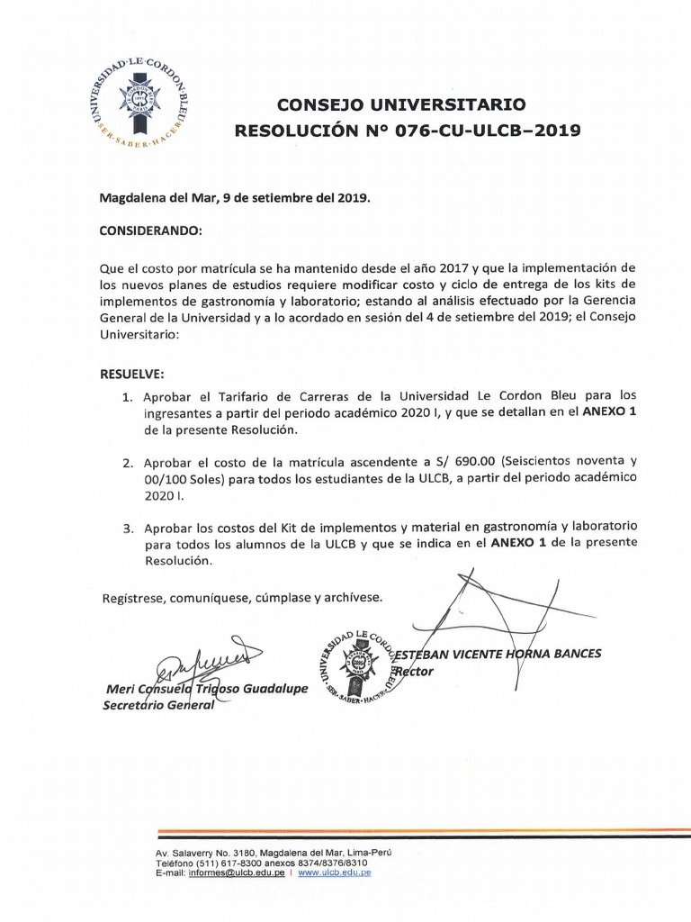 Resolucion 076 CU ULCB 2019 Tarifas 2020I Matricula y Kit | PDF