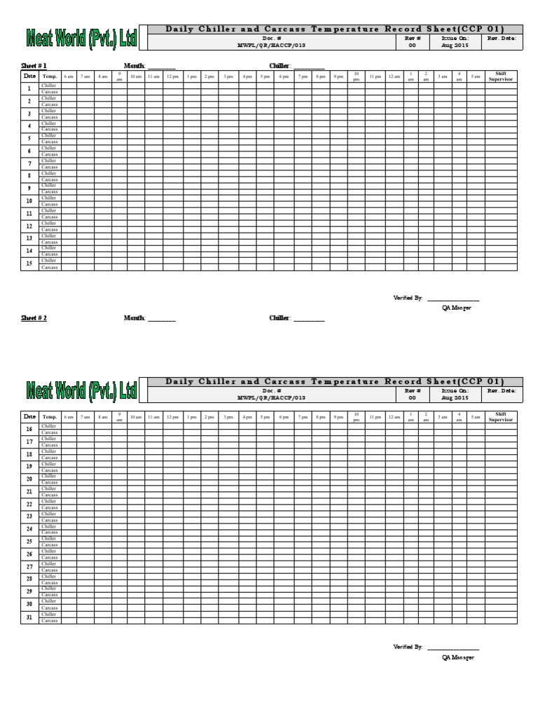Chiller and Carcass Temp. Record Sheet, 013 | PDF | Engineering Thermodynamics | Temperature