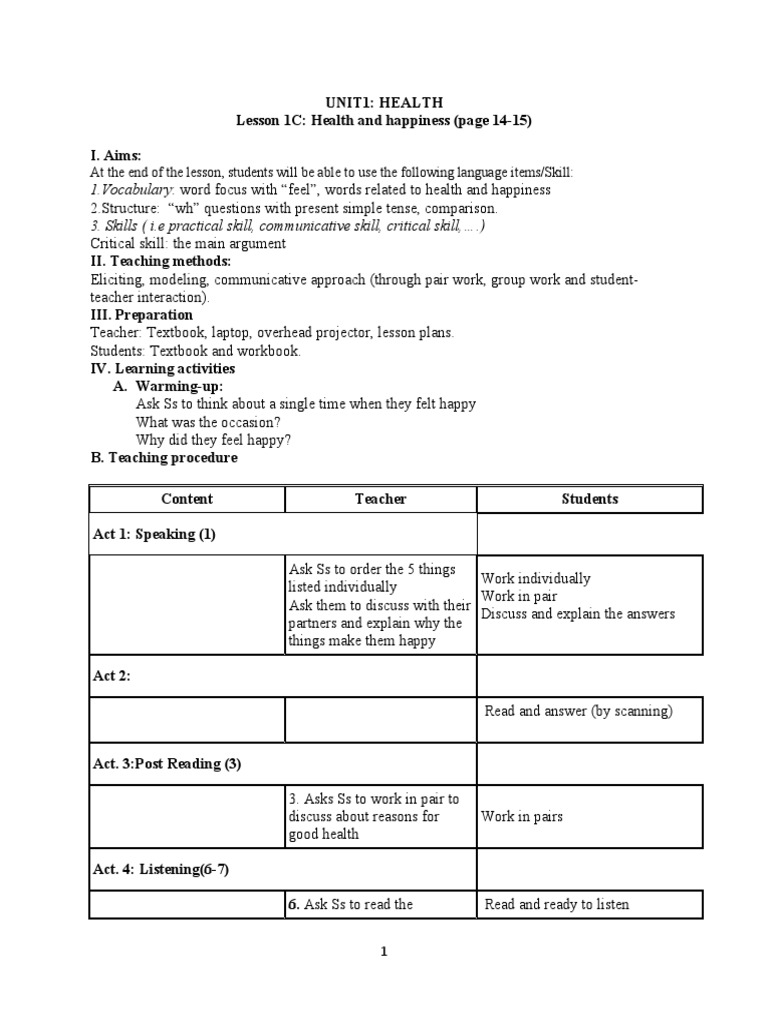 Lesson Plan U1C-LIFE - PRE INTER | PDF | Lesson Plan | Teaching Method