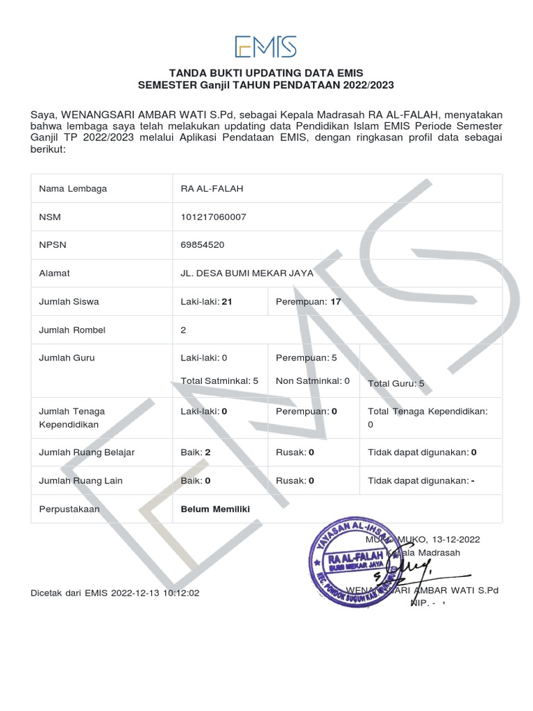 BAP EMIS 2022 2023 Ganjil 101217060007 RA AL FALAH | PDF