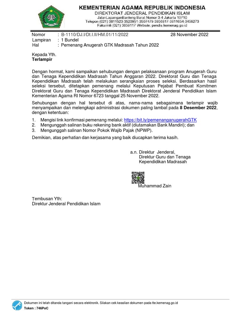 Surat Pemberitahuan Pemenang Anugerah GTK Madrasah 2022 | PDF