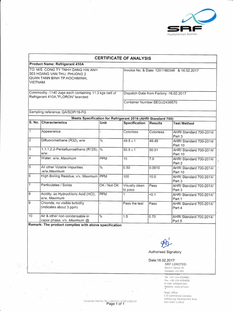 Certificate Of: Product Name: Refrigerant Tytnhh Haianh 1201160346 ...