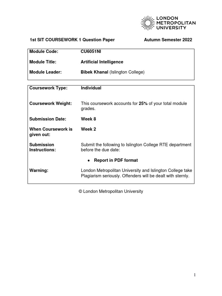 CU6051NI - Artificial Intelligence Y21 (1st Sit) - CW1 QP | PDF | Artificial Intelligence ...