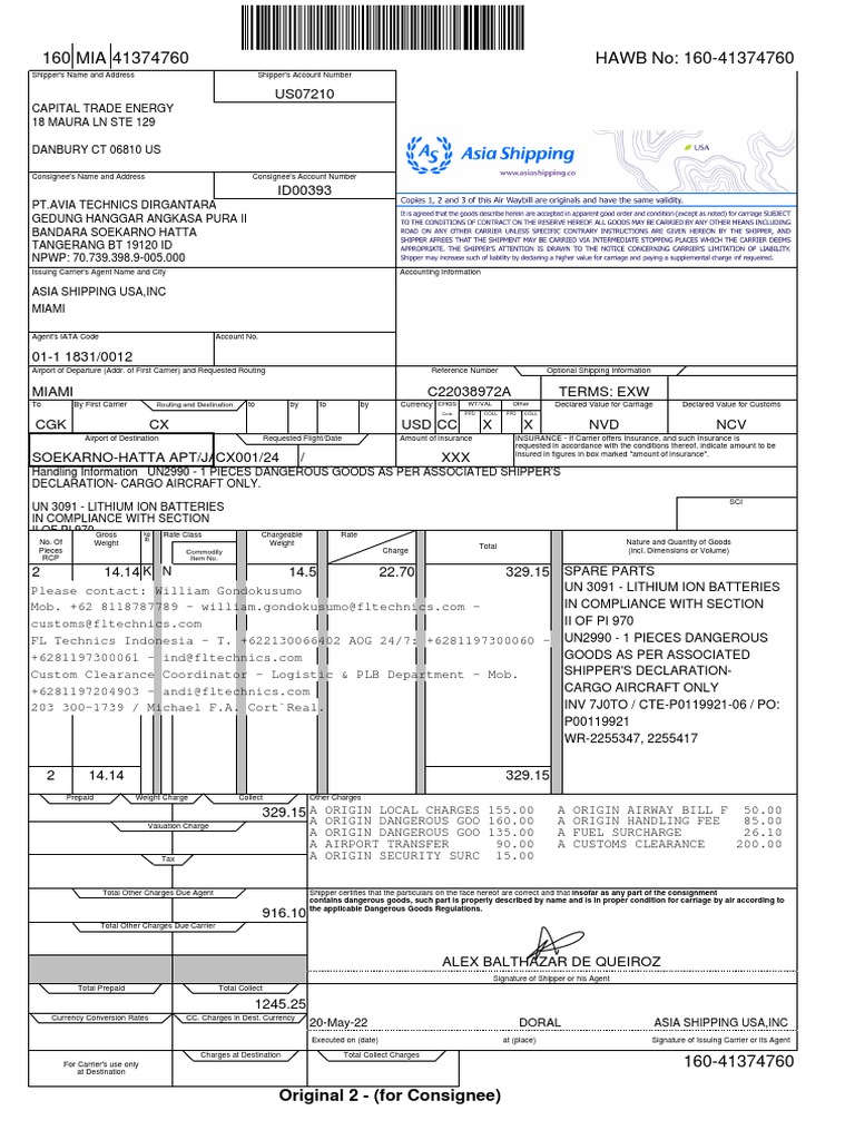 160 MIA 41374760 HAWB No: 160-41374760: Original 2 - (For Consignee ...
