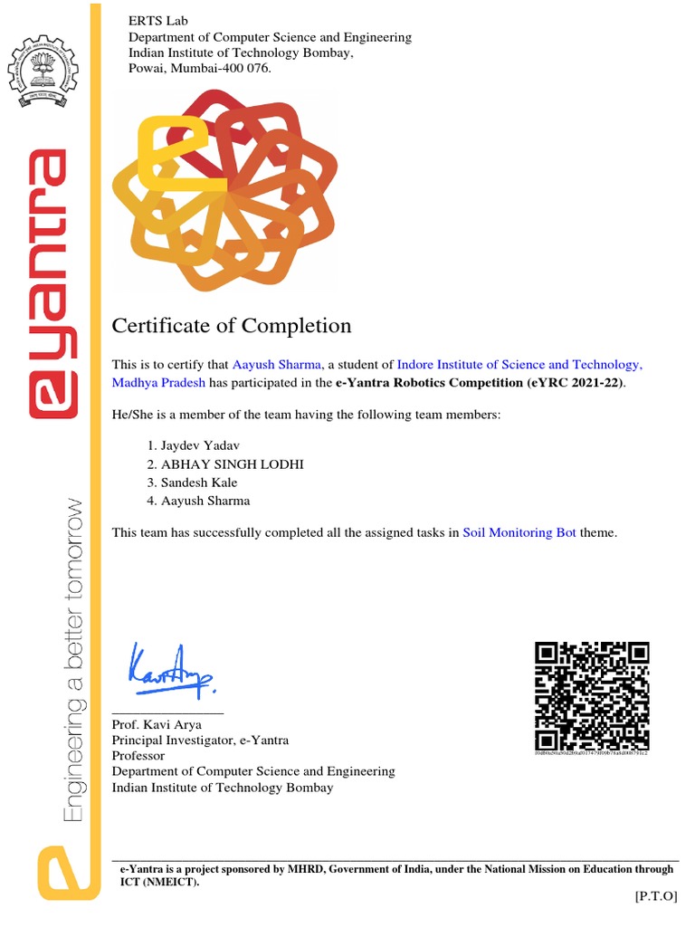 Certificate of Completion for Participation in the e-Yantra Robotics Competition 2021-22 Soil ...