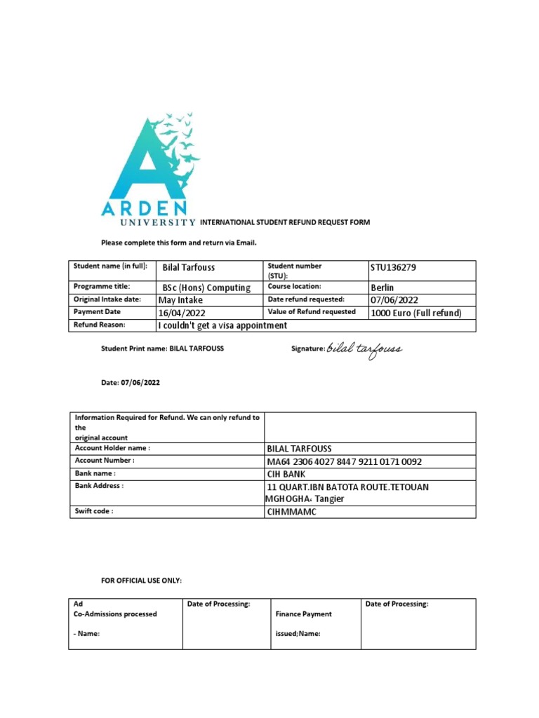 International Student Refund Form Signed | PDF