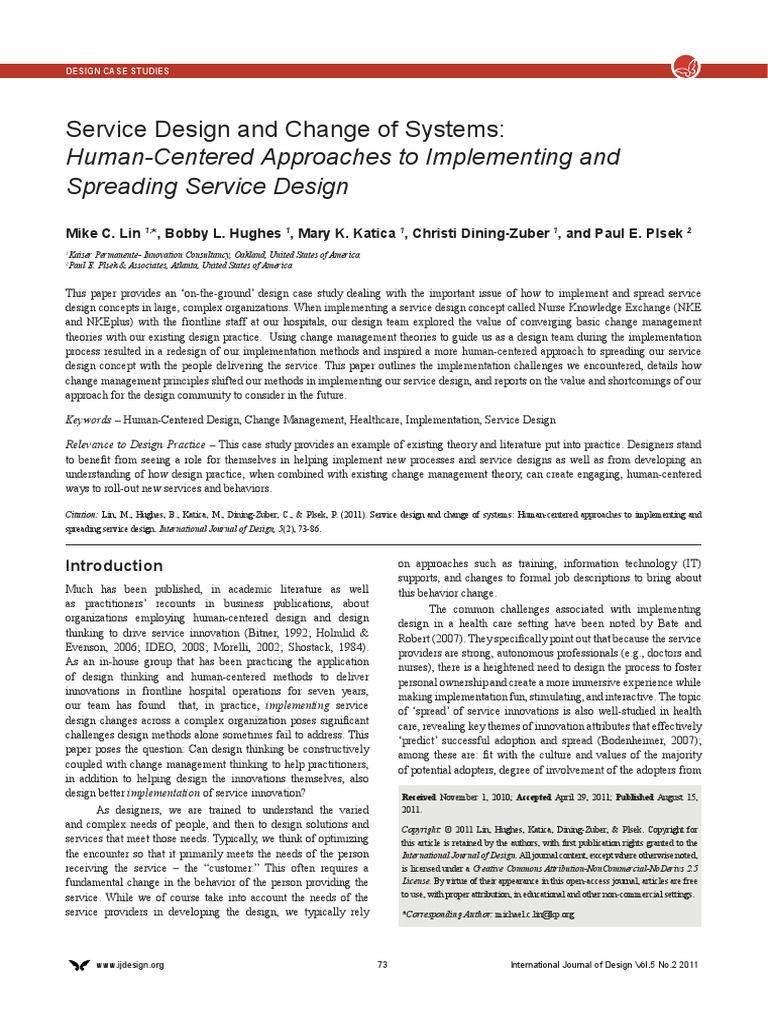 Human-Centered Approaches To Implementing and Spreading Service Design | PDF | Design | Nursing