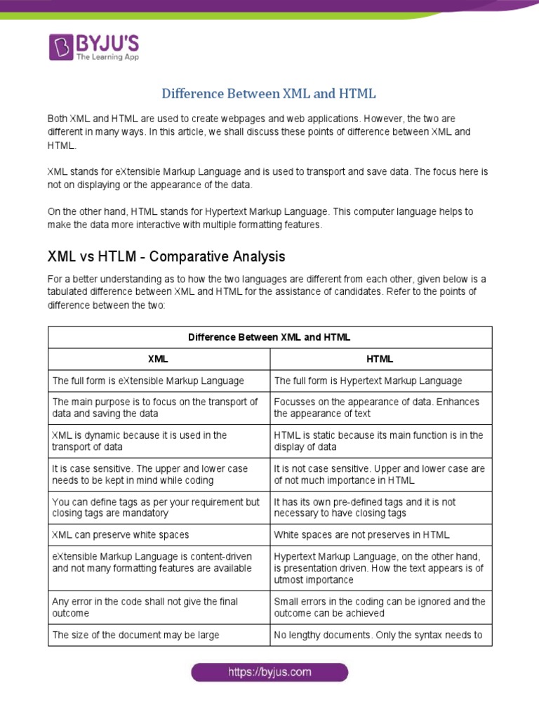 Difference Between Xml And Html Pdf Html Markup Language