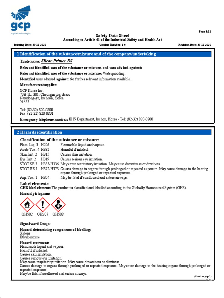 SD13097 - Silcor Primer BS - (KOR) | PDF | Toxicity | Personal Protective Equipment