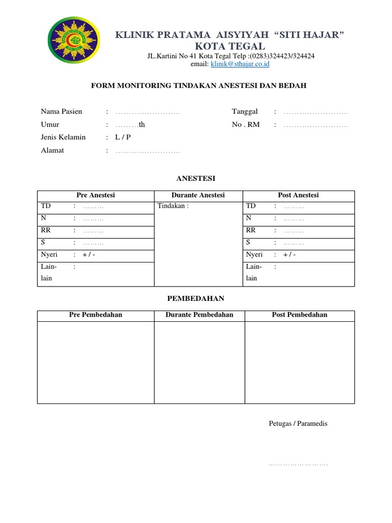 Form Monitoring Tindakan Anestesi Dan Bedah Kosongan | PDF