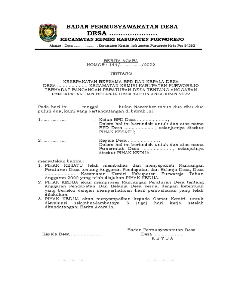 Contoh BA, Daftar Hadir, Dan SK BPD Perub APB DEsa-1 | PDF