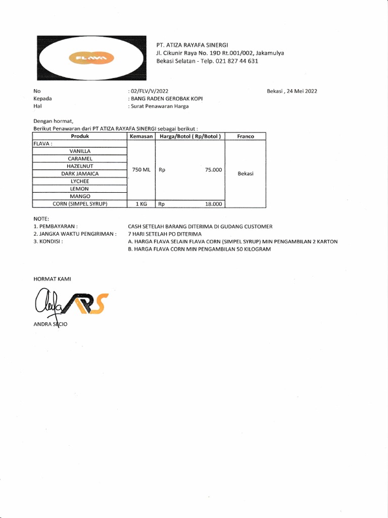 Penawaran Harga Flava dari PT Atiza | PDF