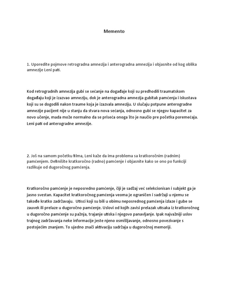 Miloš Pajić Memento Analiza | PDF