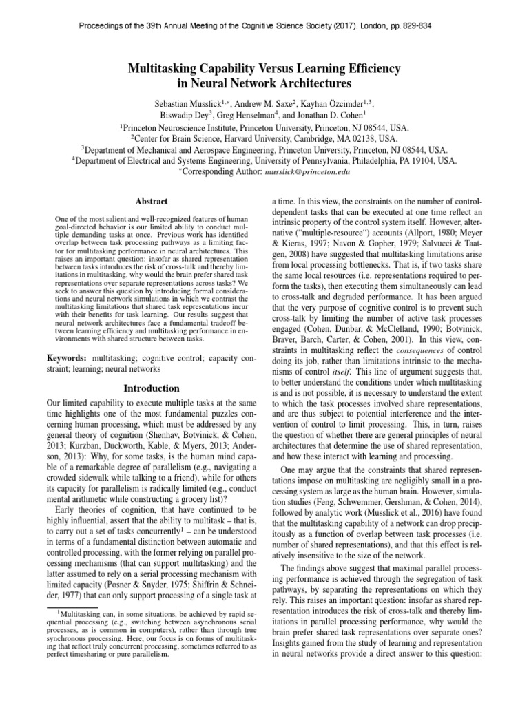 Multitasking Capability Versus Learning Efficiency in Neural Network Architectures | PDF ...
