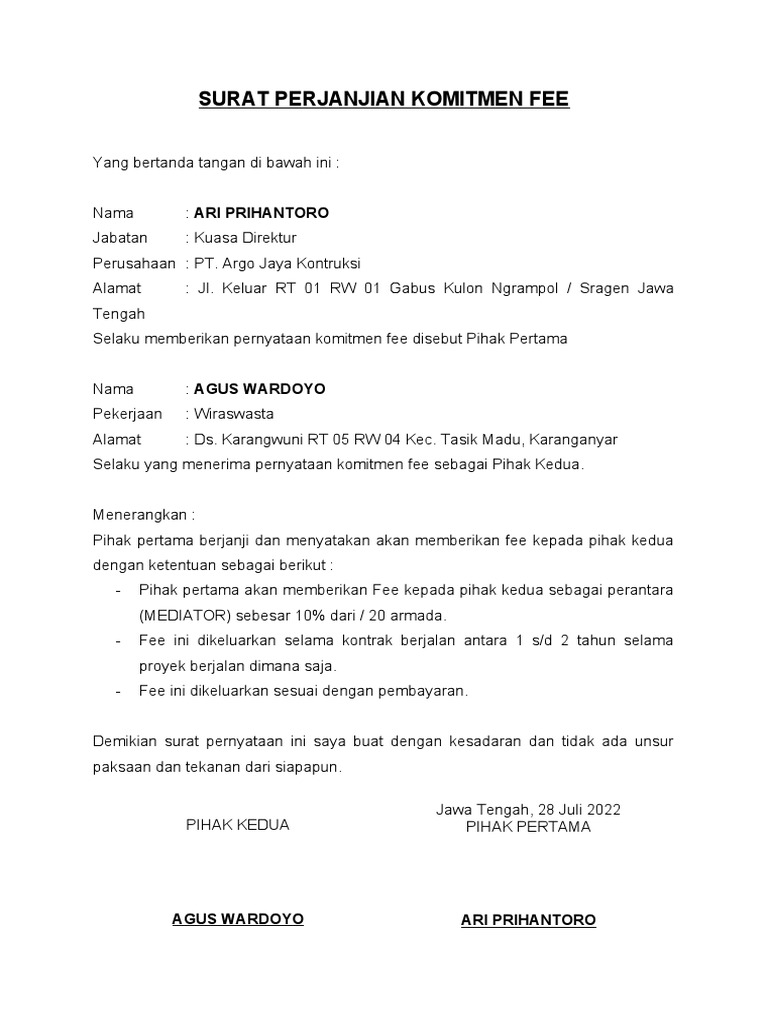 Surat Perjanjian Komitmen Fee | PDF