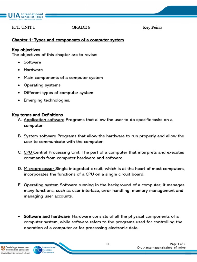 ICT-G6-Unit 1-Summary | PDF | Random Access Memory | Operating System