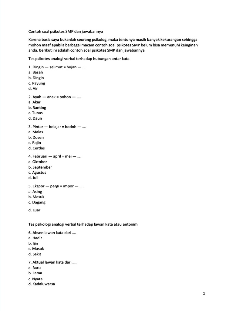 Contoh Soal Psikotes SMP Dan Jawabannya | PDF