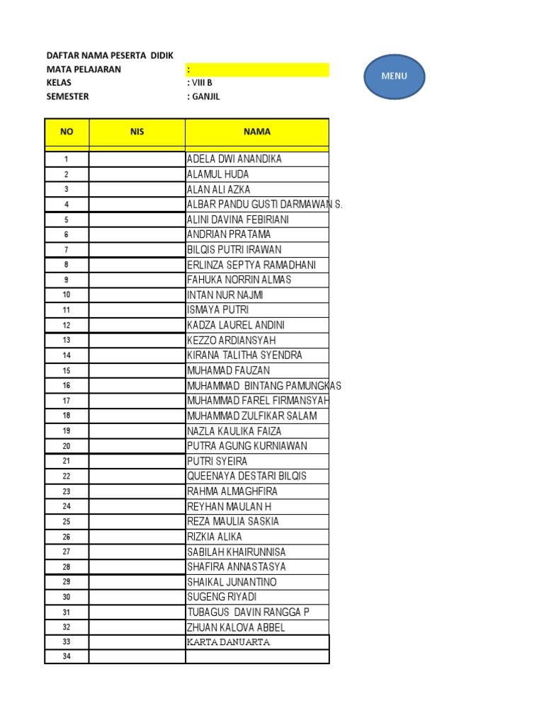 Format Nilai Pas Kelas 8B | PDF
