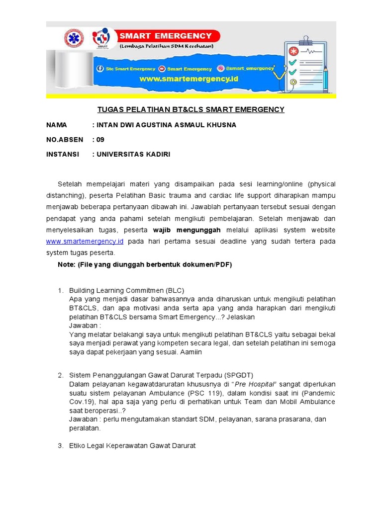 20 - Yustika Kusuma Devi - Tugas Ke-1 BTCLS Smart Emergency | PDF