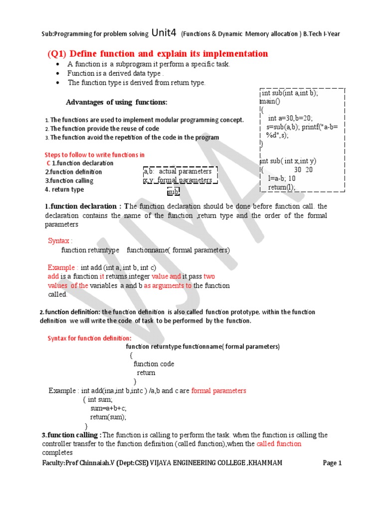 Unit4 Pps Functions Anddynamic Memory Allocation Pdf Subroutine Parameter Computer Programming