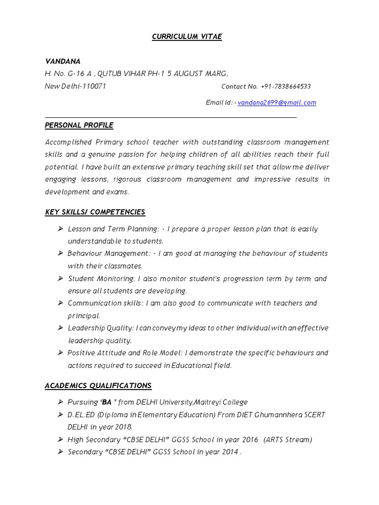 Vandana CV-1 | PDF | Teachers | Schools