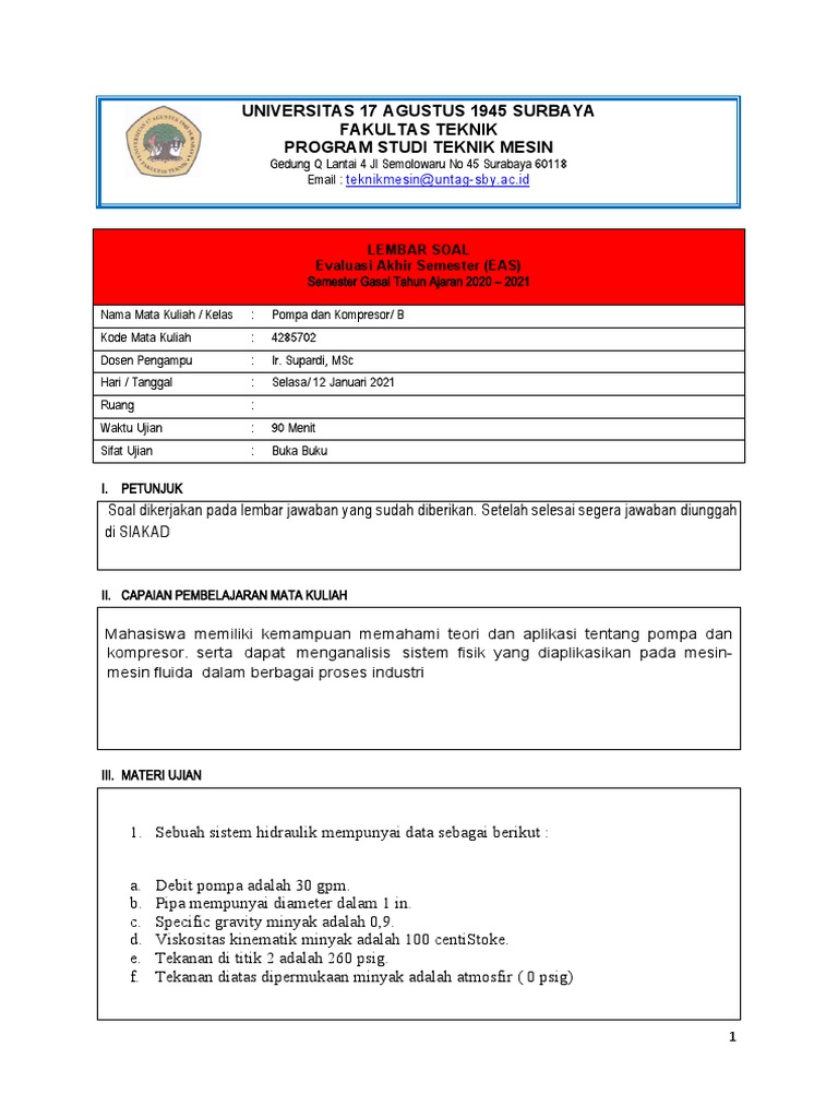 Soal Eas Pompa Dan Kompresor KLS B | PDF