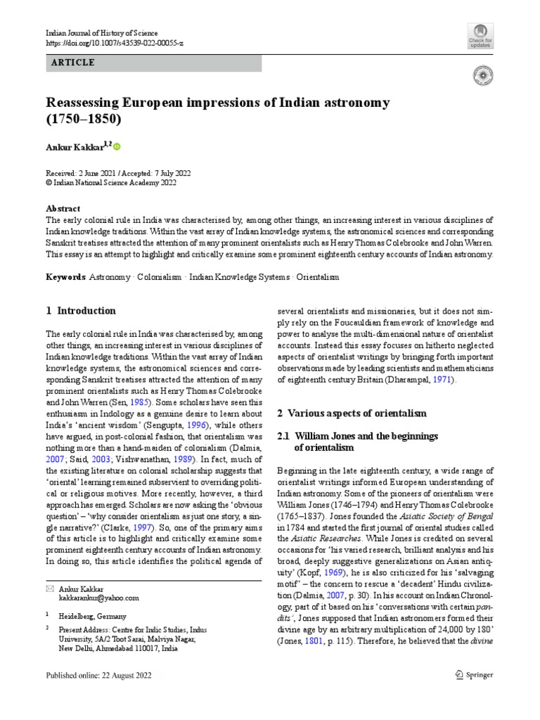 Springer Reassessing European Impressions of Indian Astronomy | PDF ...