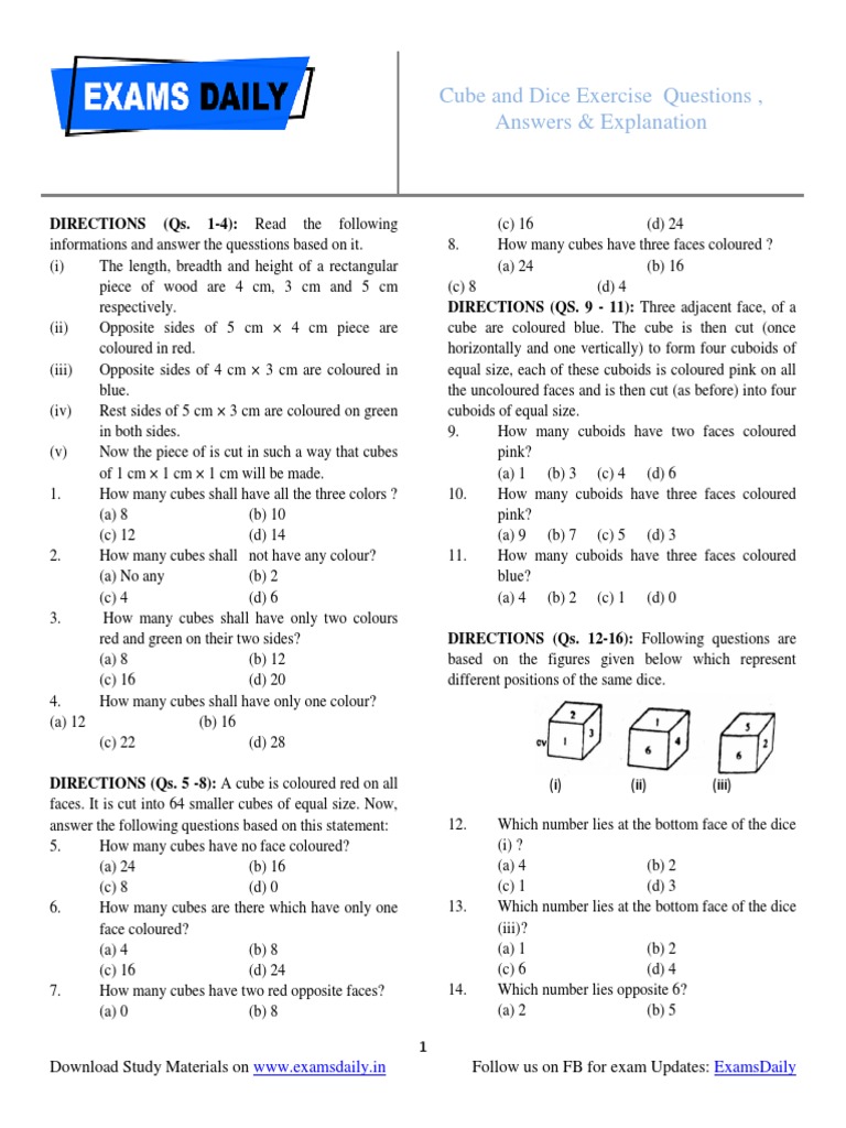 Cube and Dice Exercise Questions | PDF | Dice