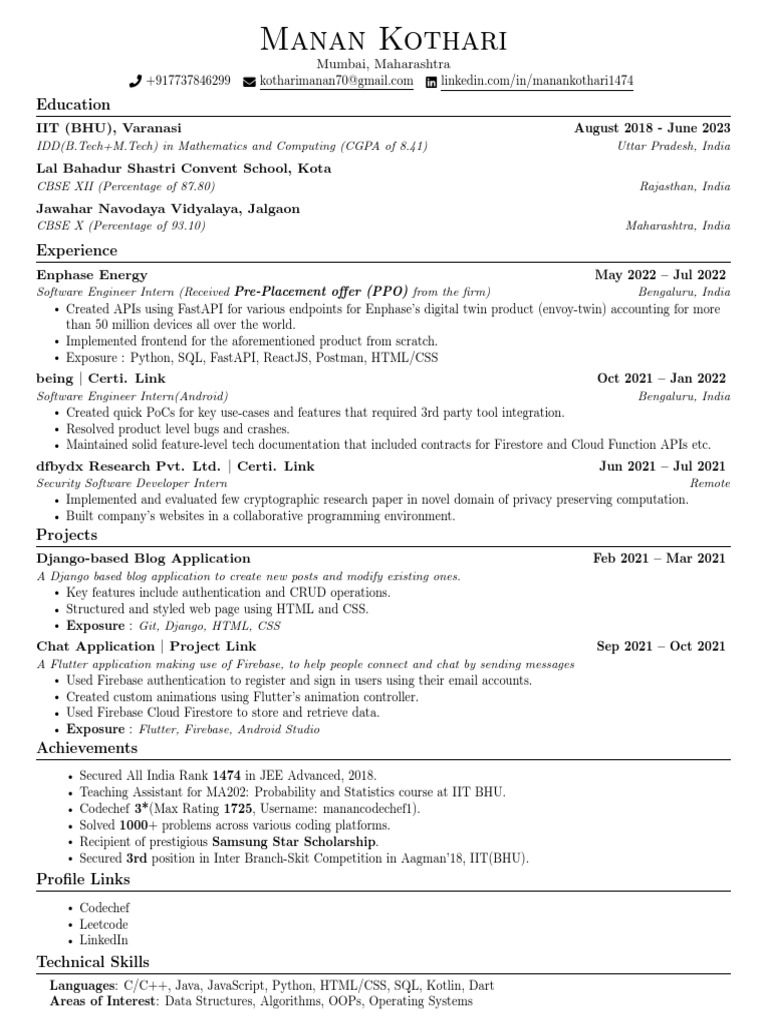 Manan Kothari Resume | PDF | Computing | Software Development