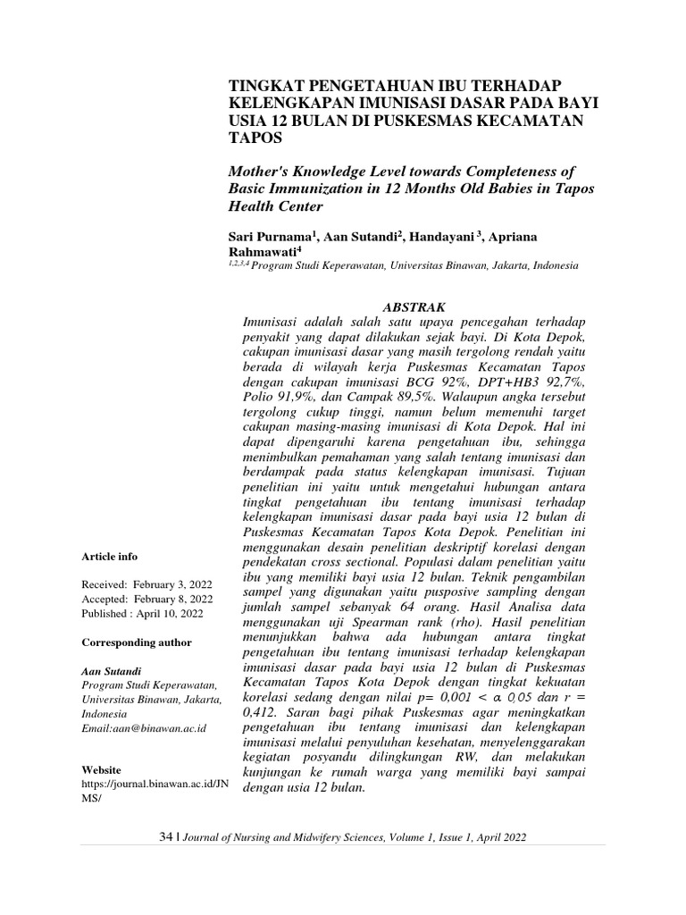 Tingkat Pengetahuan Ibu Terhadap Kelengkapan Imunisasi Dasar Pada Bayi Usia 12 Bulan Di ...