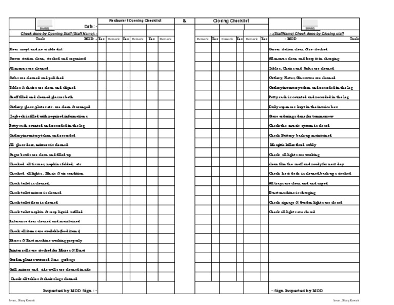 Restaurant Opening and Closing Checklist | PDF