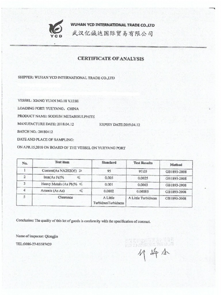 Sodium Metabisulphite Coa 01 | PDF