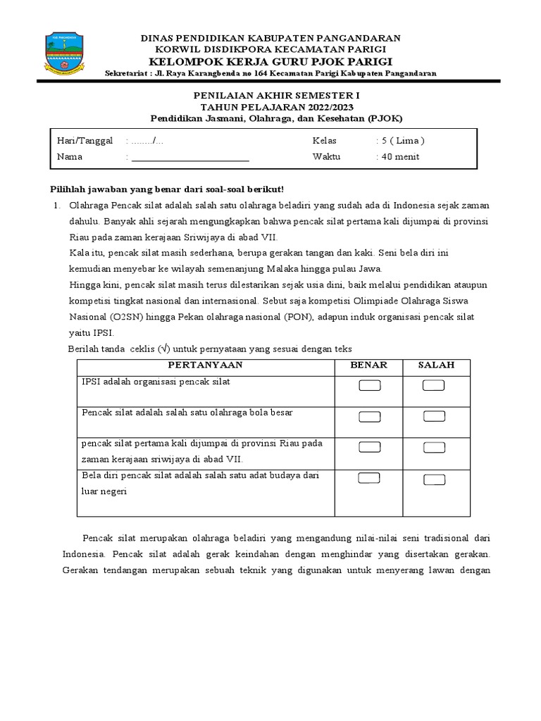 Soal Pas Pjok KLS 5 SM 1 | PDF