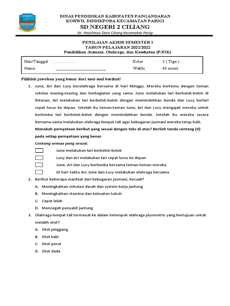 Soal Pas Pjok Kls 3 SM 1 | PDF