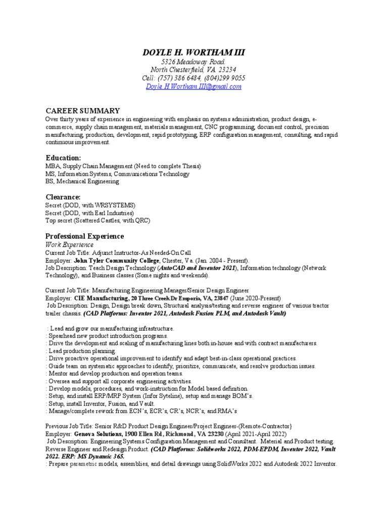 Doyle H. Wortham III Resume For CAD | PDF
