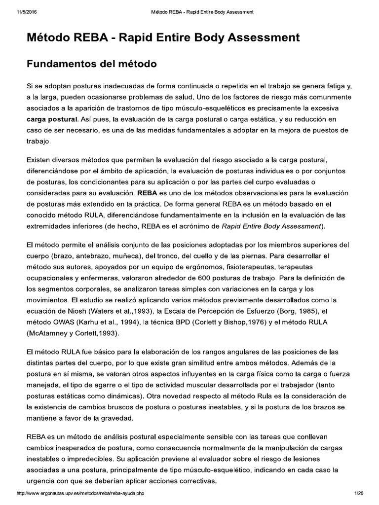 Método REBA - Rapid Entire Body Assessment | PDF