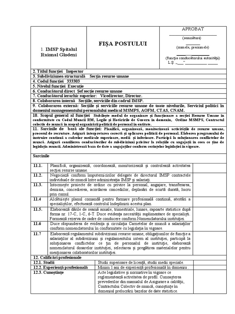 Fisa Postului Inspector RU | PDF