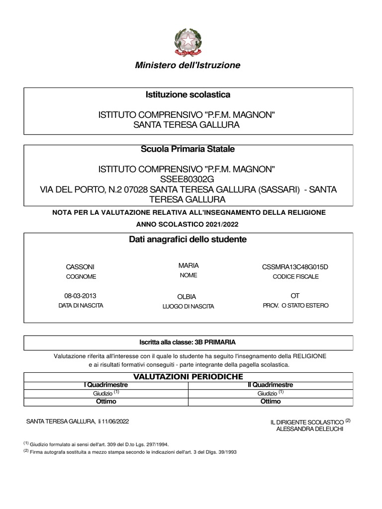 S1C Pagella Religione Alternativa Primaria (Secondo Periodo) | PDF