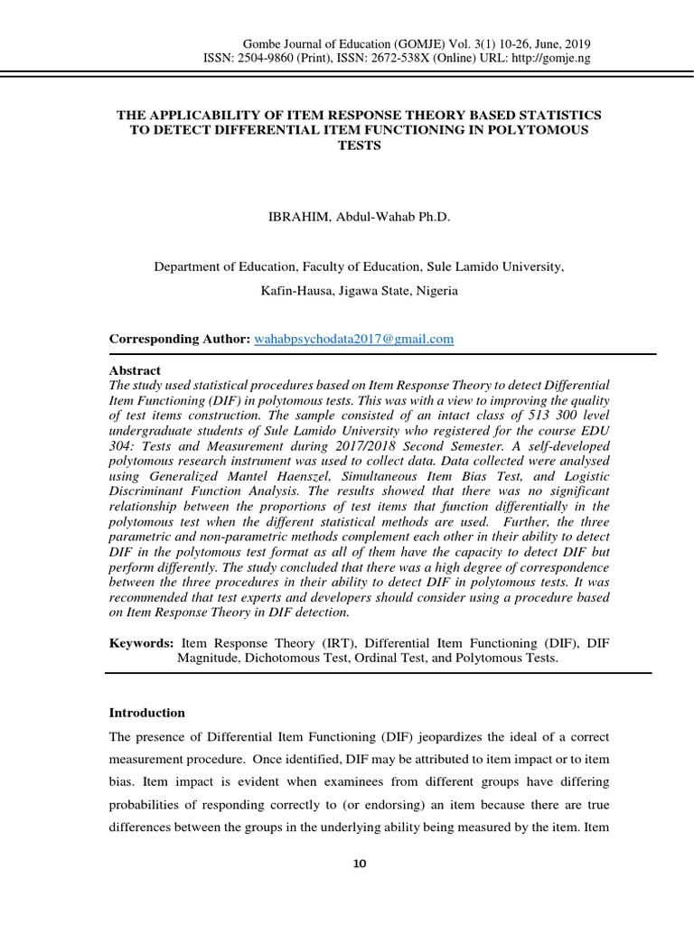 The Applicability of Item Response Theory Based Statistics To Detect Differential Item ...