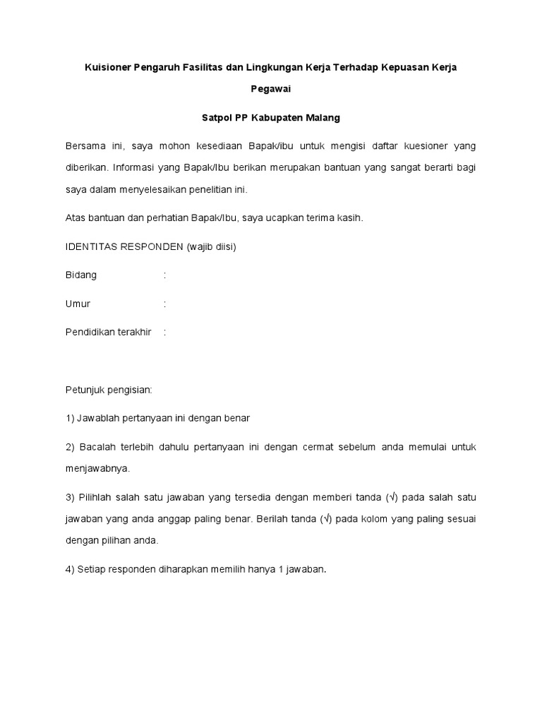 Kuisioner Pengaruh Fasilitas Dan Lingkungan Kerja Terhadap Kepuasan ... Kuisioner Pengaruh Fasilitas Dan Lingkungan Kerja Terhadap Kepuasan ...